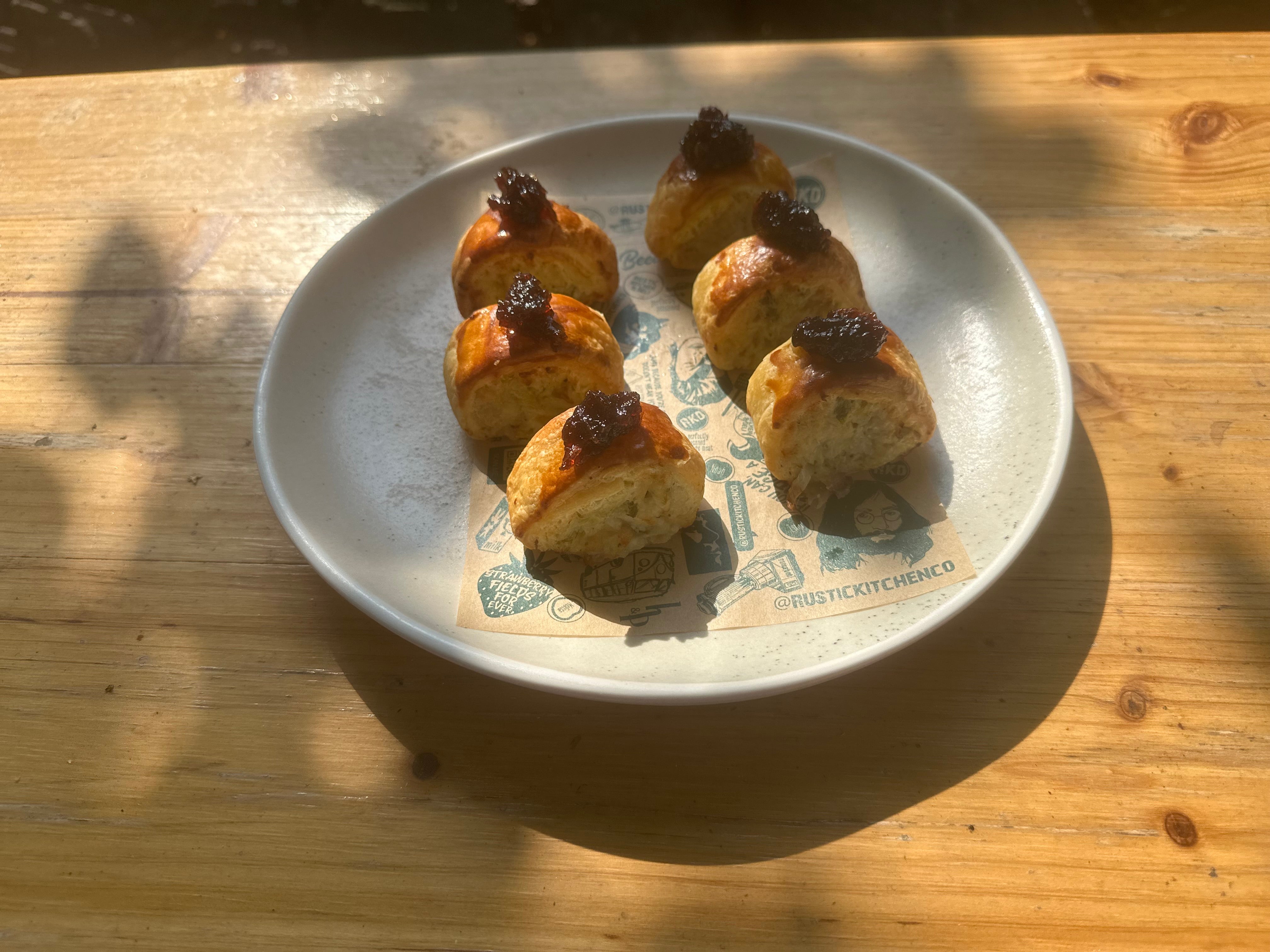 Mini Leek & Mature Cheddar sausage roll with Tracklement's onion marma ...
